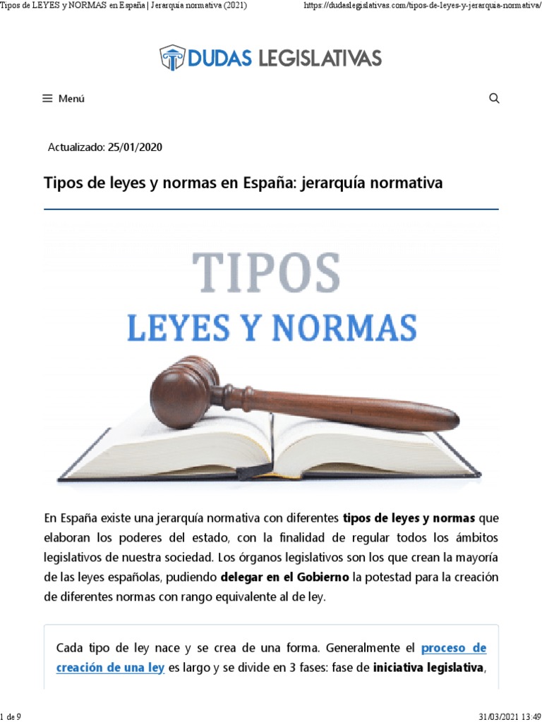 Tipos de LEYES y NORMAS en España Jerarquía Normativa (2021) | PDF | Derecho
