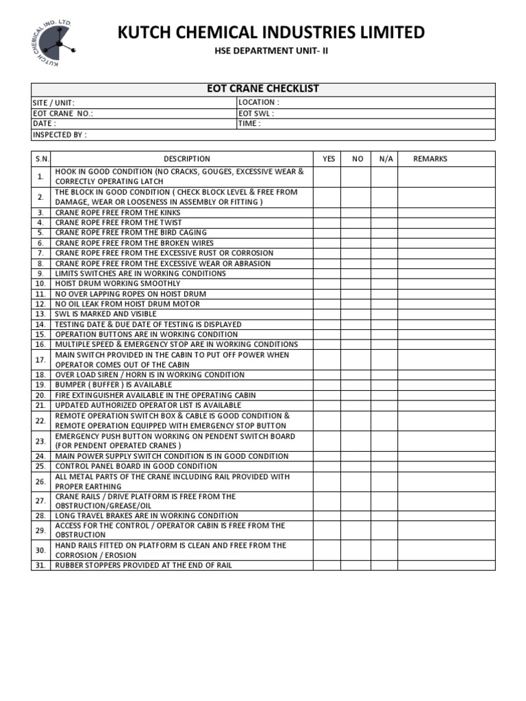EOT Crane Inspection Check List | PDF