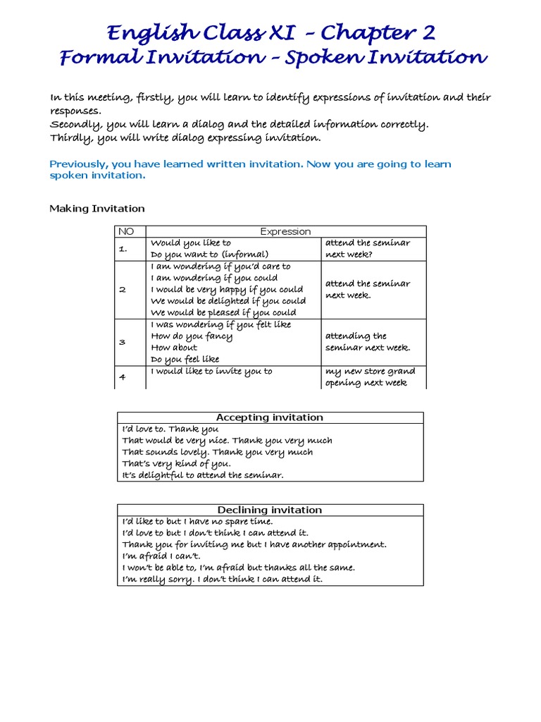 Materi Dan Tugas - Bahasa Inggris XI Chapter 2 - Invitation - M3 | PDF