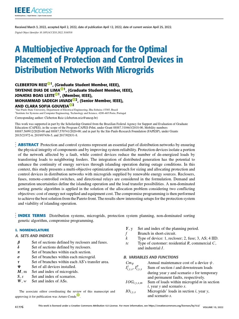 A Multiobjective Approach For The Optimal Placement of Protection and Control Devices in ...