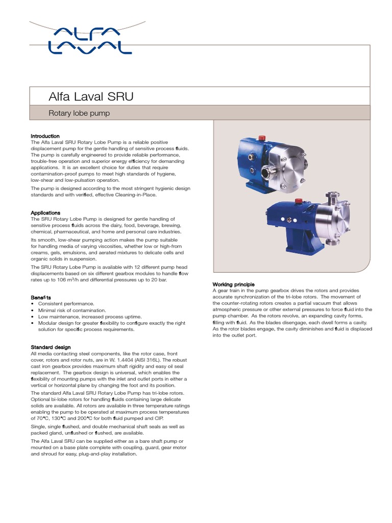 Alfa Laval SRU Rotary Lobe Pump Overview | PDF | Pump | Turbine