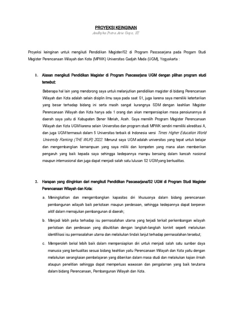 Essay Proyeksi Keinginan Andhyka (Format UGM) | PDF