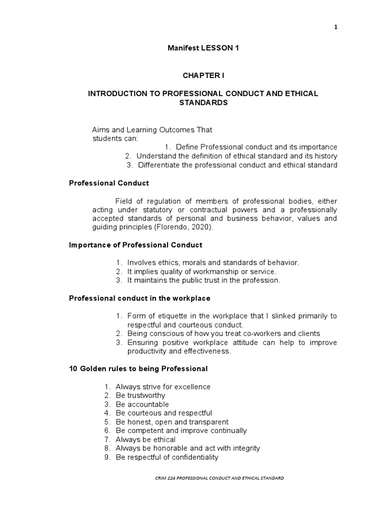 Manifest LESSON 1 Introduction To Professional Conduct and Ethical ...