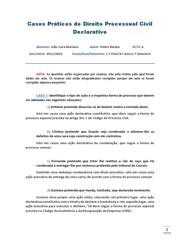 Casos Praticos de Processo Civil Declarativo Pedro Barata | PDF