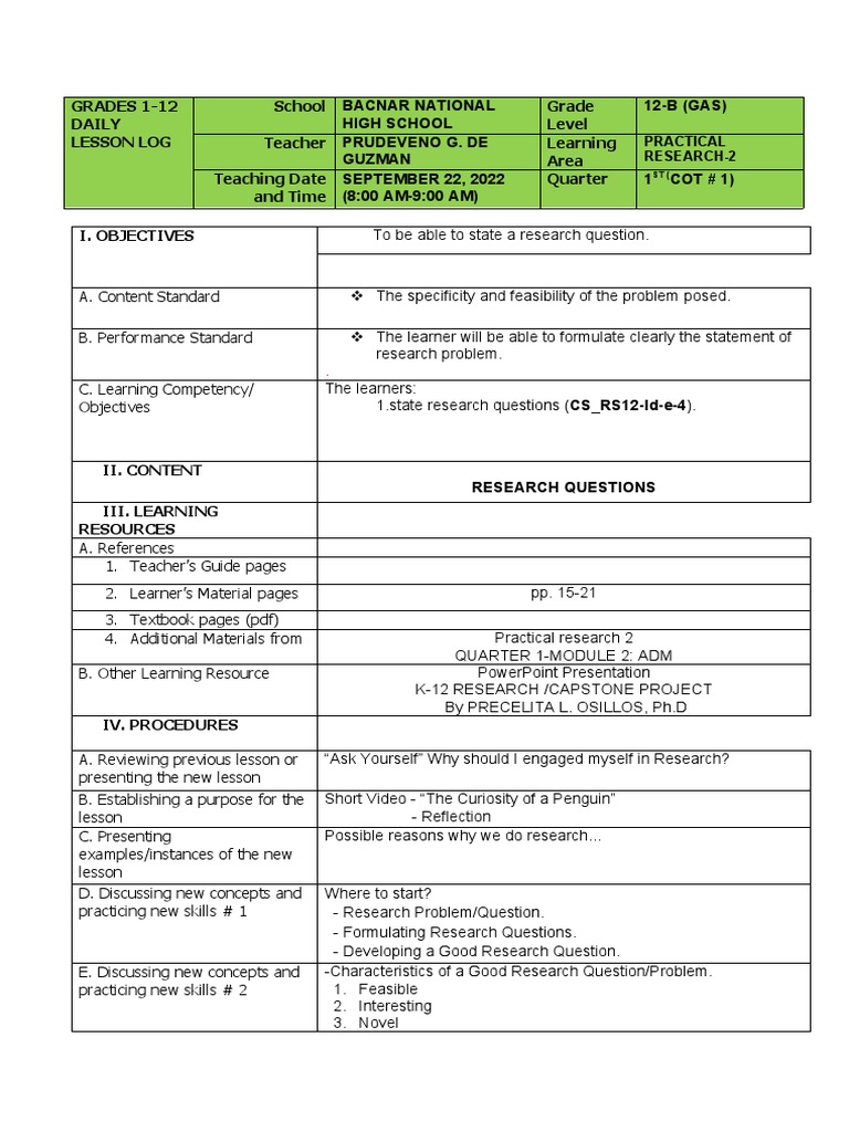 COT1 DLP Practical Research 2 09 22 2022 | PDF | Learning | Evaluation