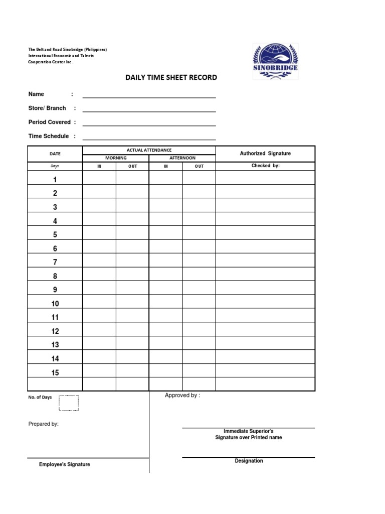 Sinobridge Daily Time Record Template | PDF