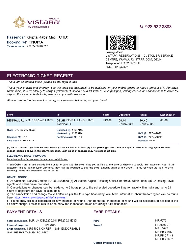 Vistara Electronic Ticket Receipt | PDF | Transport | Aviation