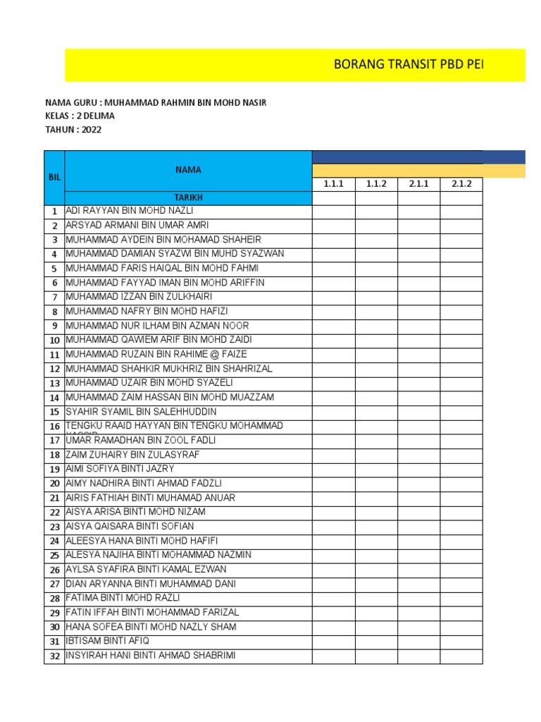 PBD Pendidikan Jasmani Tahun 2 2022 Borang Transit | PDF