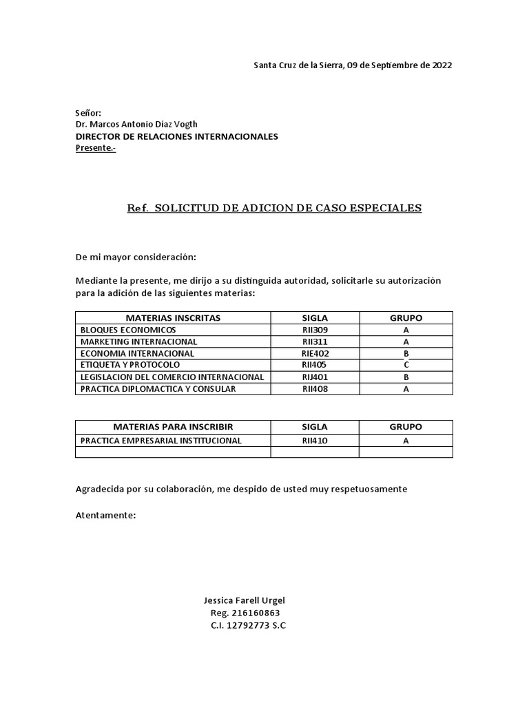 Carta de Caso Especiales | PDF | Negocios