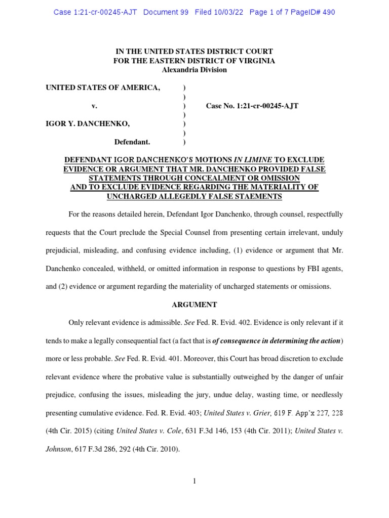 Danchenko - Motion in Limine To Exclude Evidence That Danchenko Provided False Statements Via ...