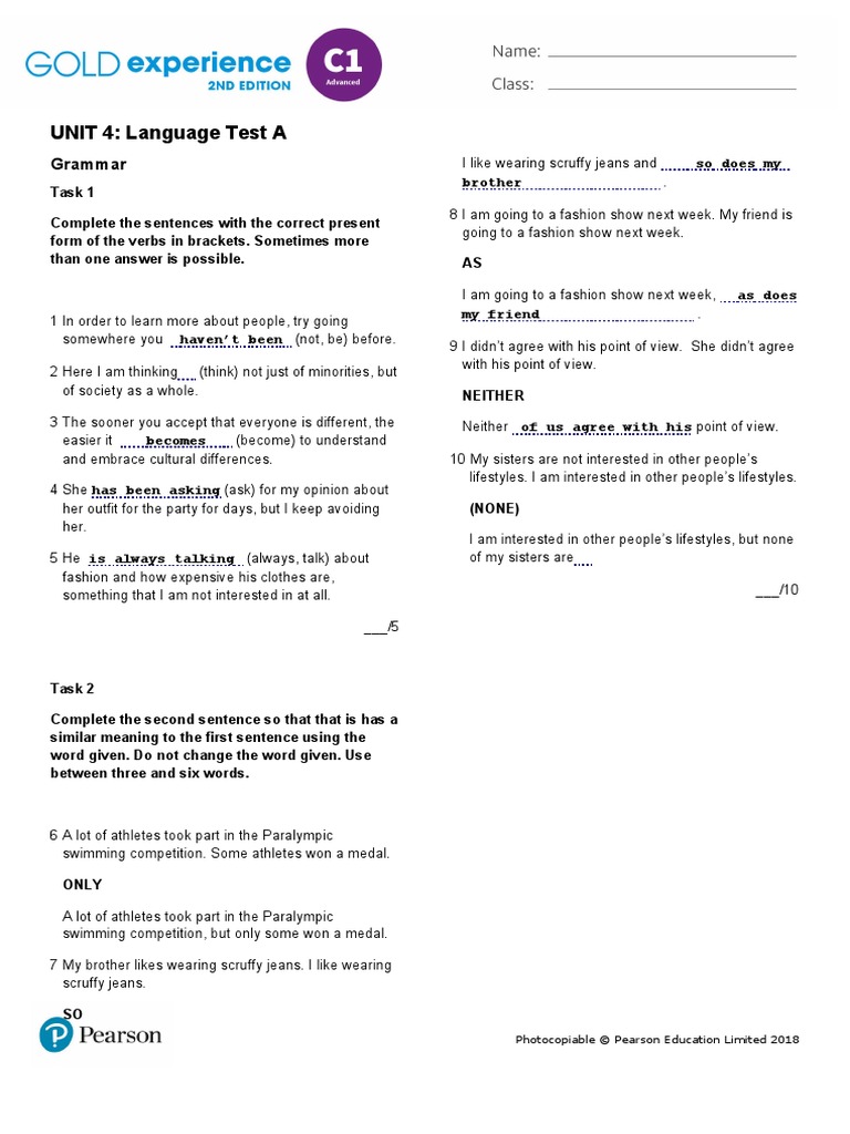 Gold Exp C1 Unit 4 Language Test A | PDF