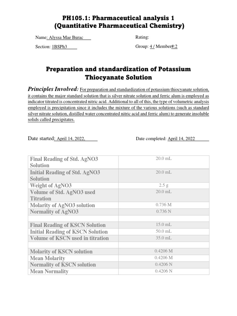 Preparation and Standardization of Potassium Thiocyanate Solution Lab ...