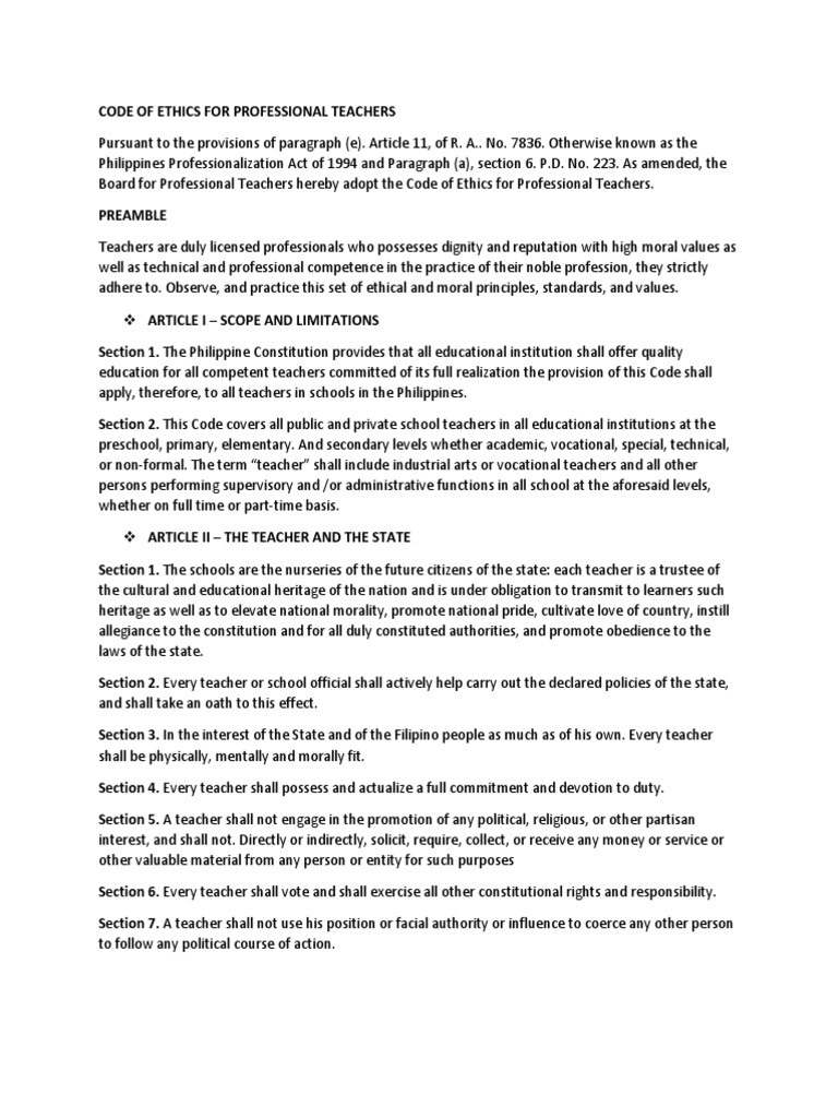 Philippine Teachers' Code of Ethics | PDF