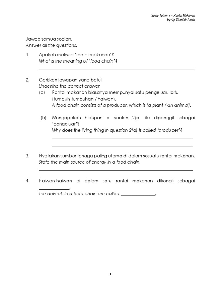 Rantai Makanan Sains Tahun 5 | PDF