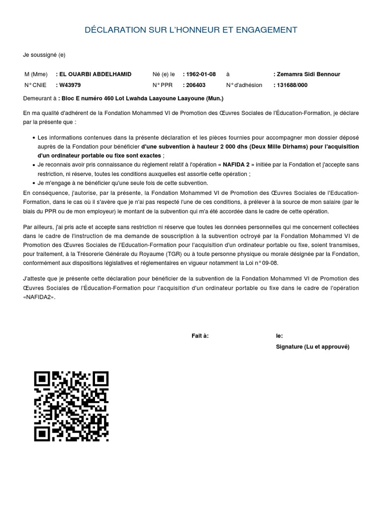 Déclaration Sur Honneur | PDF