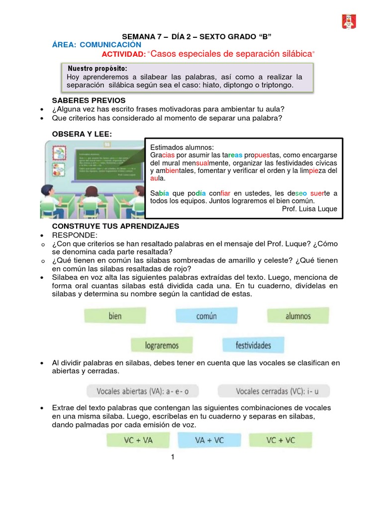 Semana 7 Dia 2 Comunicacion | PDF | Sílaba | Vocal