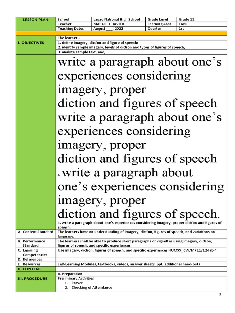 I. Objectives: Lesson Plan | PDF | Senses | Idea