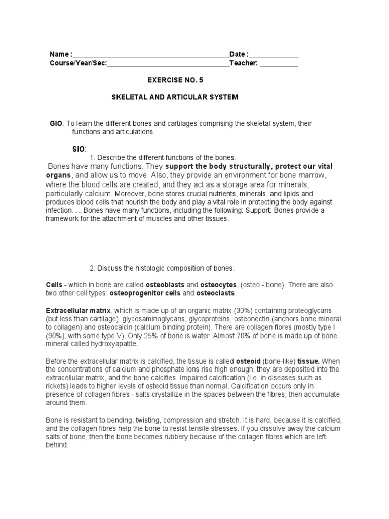 WEEK 5 LAB EXERCISE - Skeletal System | PDF | Wellness | Science ...