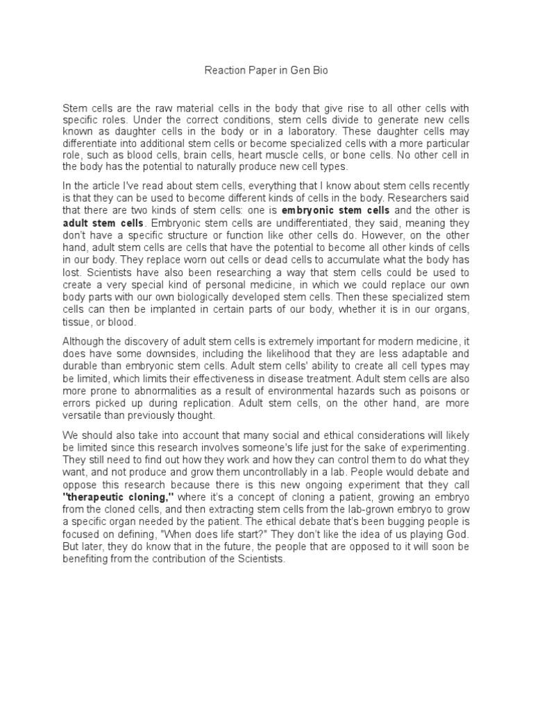 Reaction Paper in Gen Bio | PDF | Stem Cell | Cell (Biology)