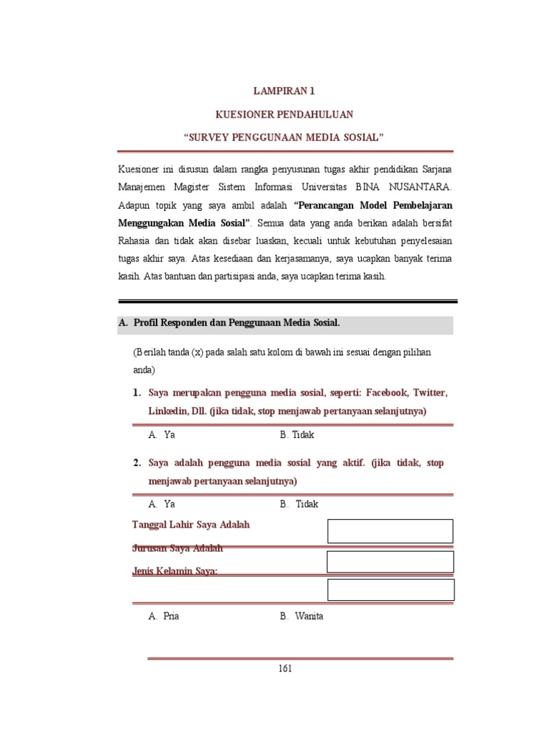 Lampiran 1 Kuesioner Pendahuluan Survey Penggunaan Media Sosial A ...