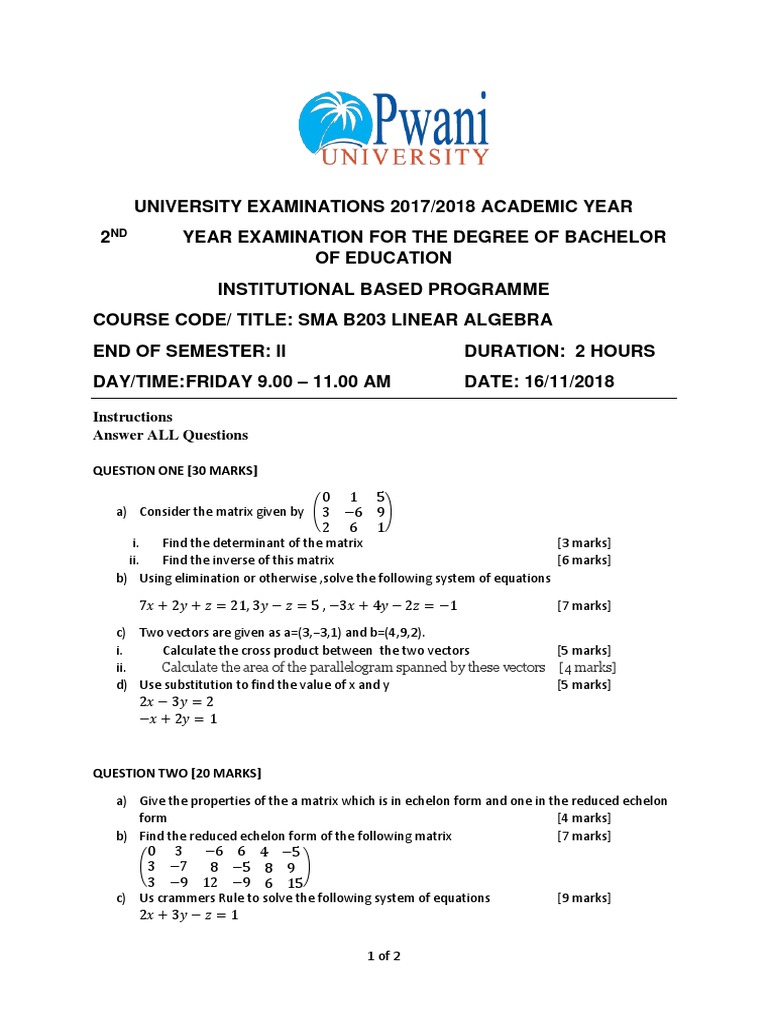 Linear Algebra Exam 2017/2018 | PDF | Matrix (Mathematics) | Algebra