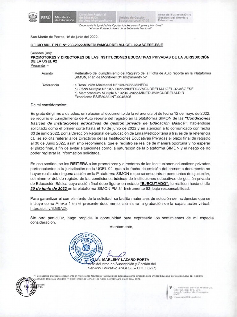 Oficio - Multiple - Ndeg230 2022 - Minedu Vmgi Drelm Ugel.02 Asgese ...