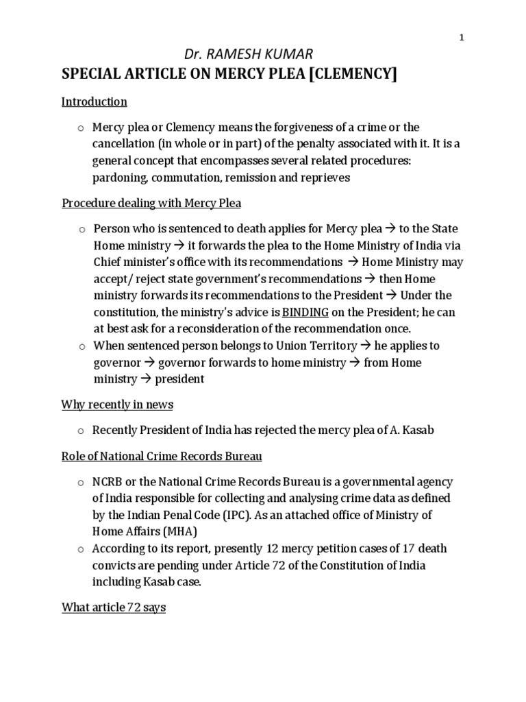 Special Article On Mercy Plea Clemency | PDF