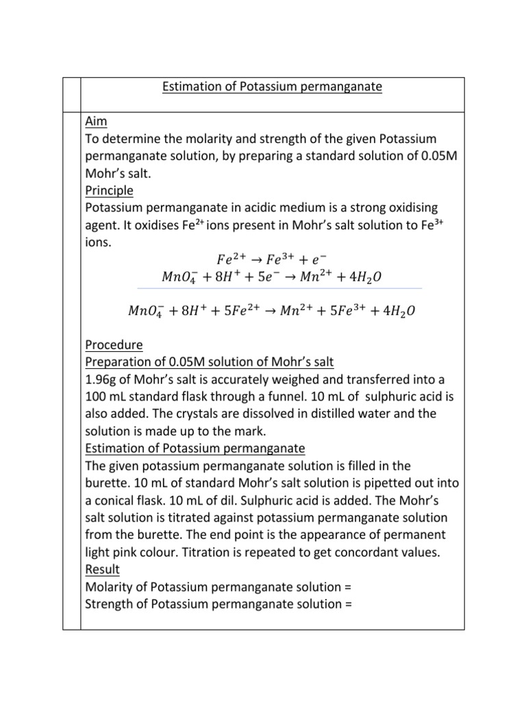 Potassium Permanganate Estimation Lab | PDF
