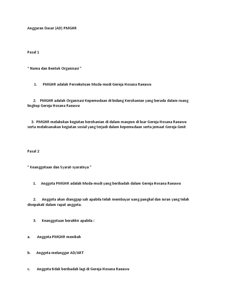 Anggaran Dasar (AD) PMGHR Alex Raja | PDF | Pengembangan Diri | Agama ...