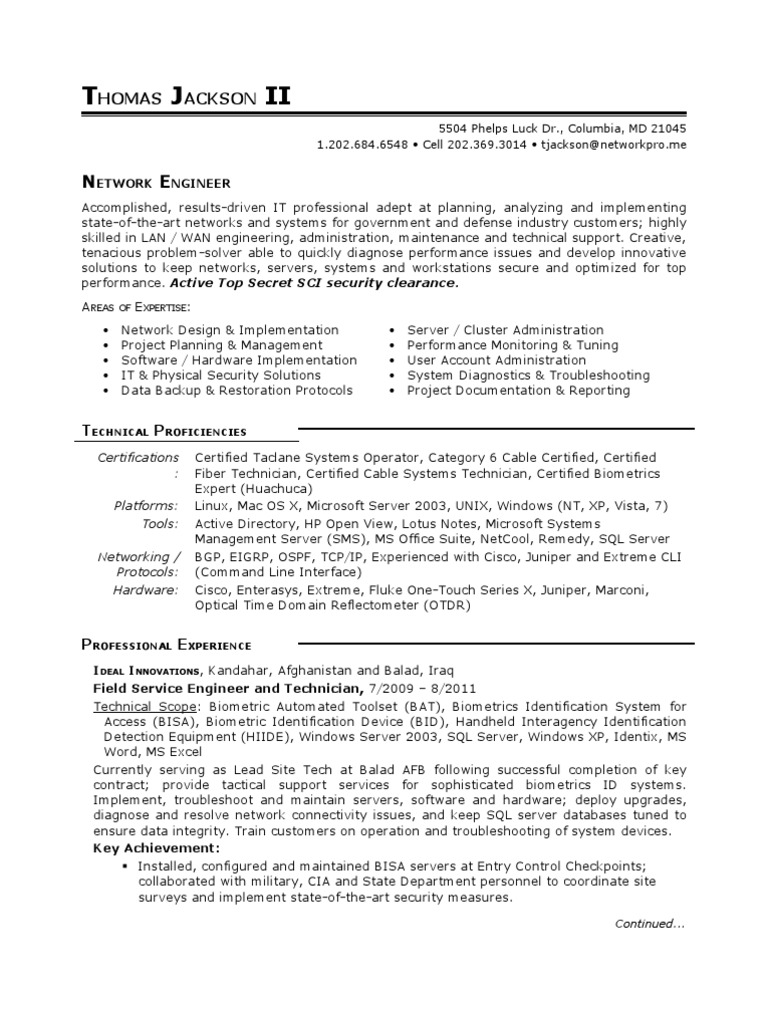 Network Engineer Resume for Thomas Jackson II | PDF | Computer Network ...