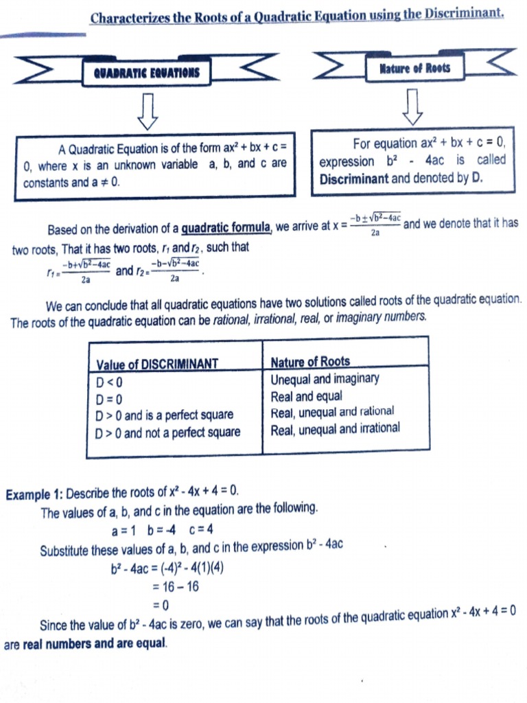 Characteristics The Quadratic Equations Using The Discriminant | PDF ...
