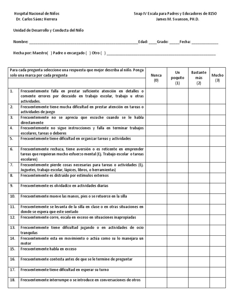 Snap IV Escala para Padres y Educadores. Hospital Nacional de Niños | PDF