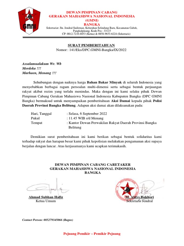 141 Surat Pemberitahuan Aksi GMNI (POLDA) | PDF