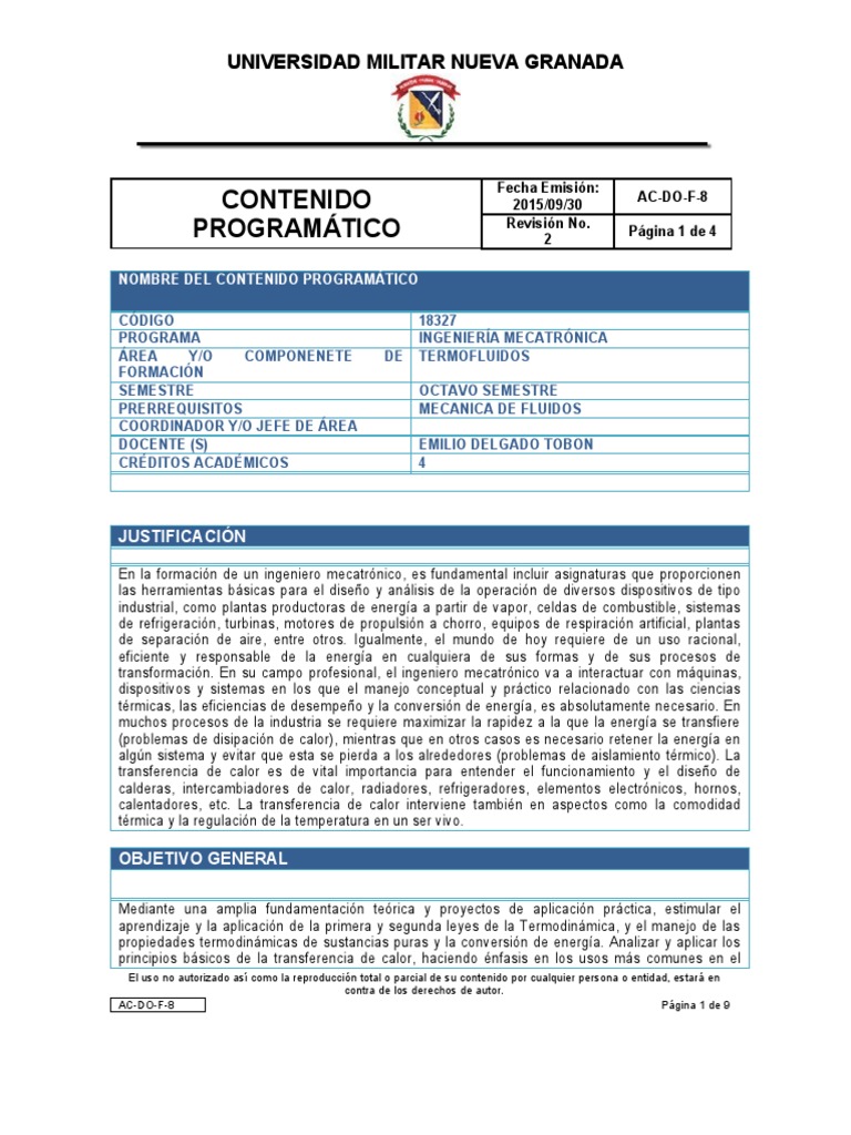 Contenido Programatico Termofluidos 222 | PDF | Termodinámica | Convección