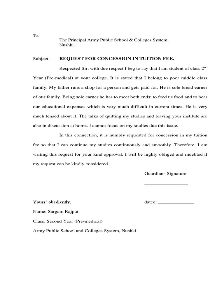 Request For Concession in Tuition Fee. | PDF