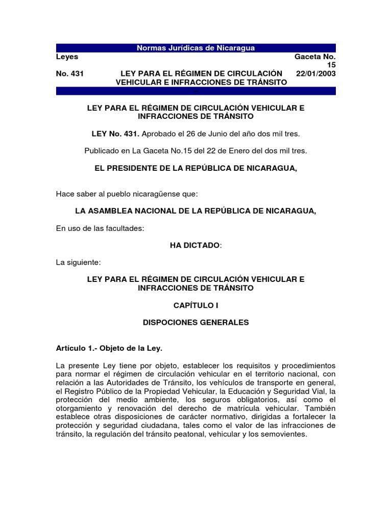 Ley 431 Nicaragua | Descargar gratis PDF | Placa de matrícula del ...
