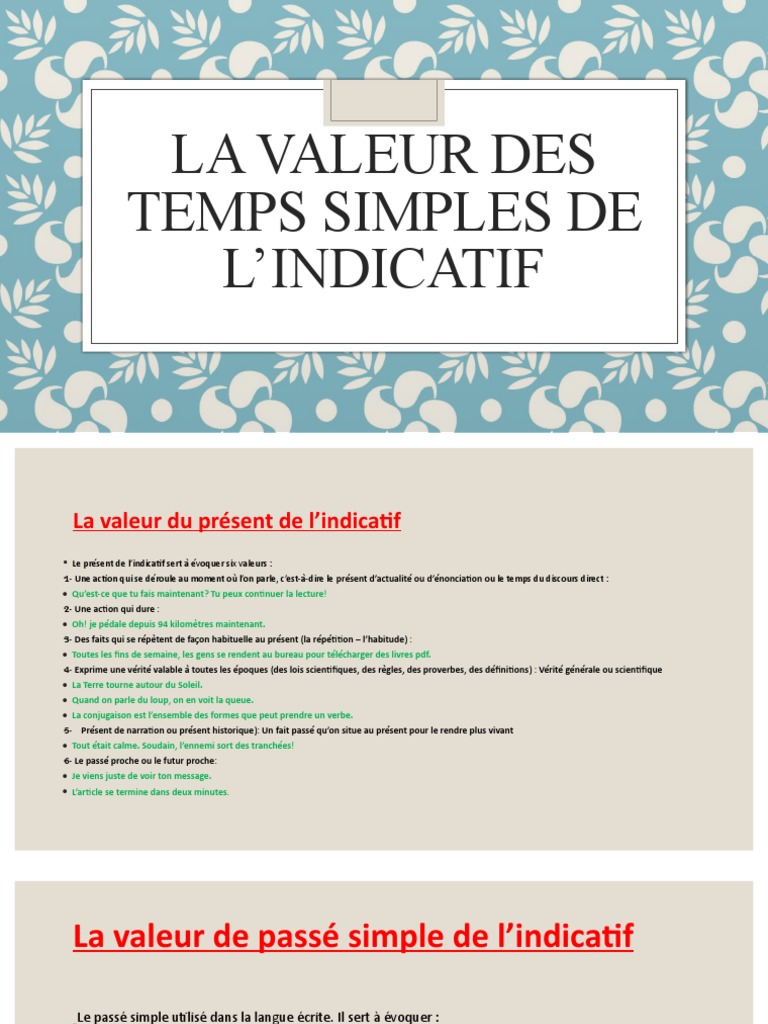 La Valeur Des Temps Simples de Lindicatif | PDF | Mécanique du langage ...