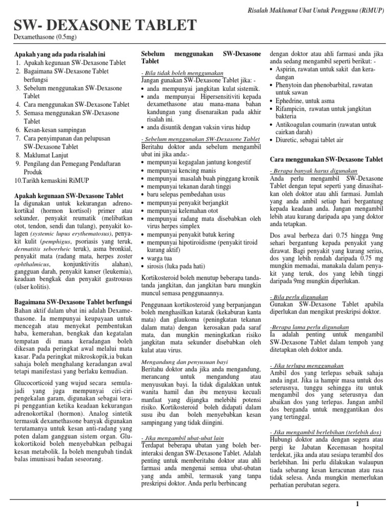 Sw-Dexasone Tablet Dexamethasone SUNWARD PHARMACEUTICAL SDN BHD ...