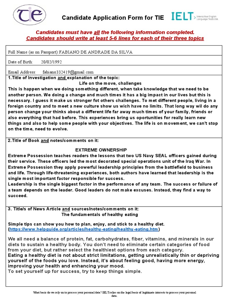 New TIE Candidate Application Form | PDF | Diet (Nutrition) | Diet ...