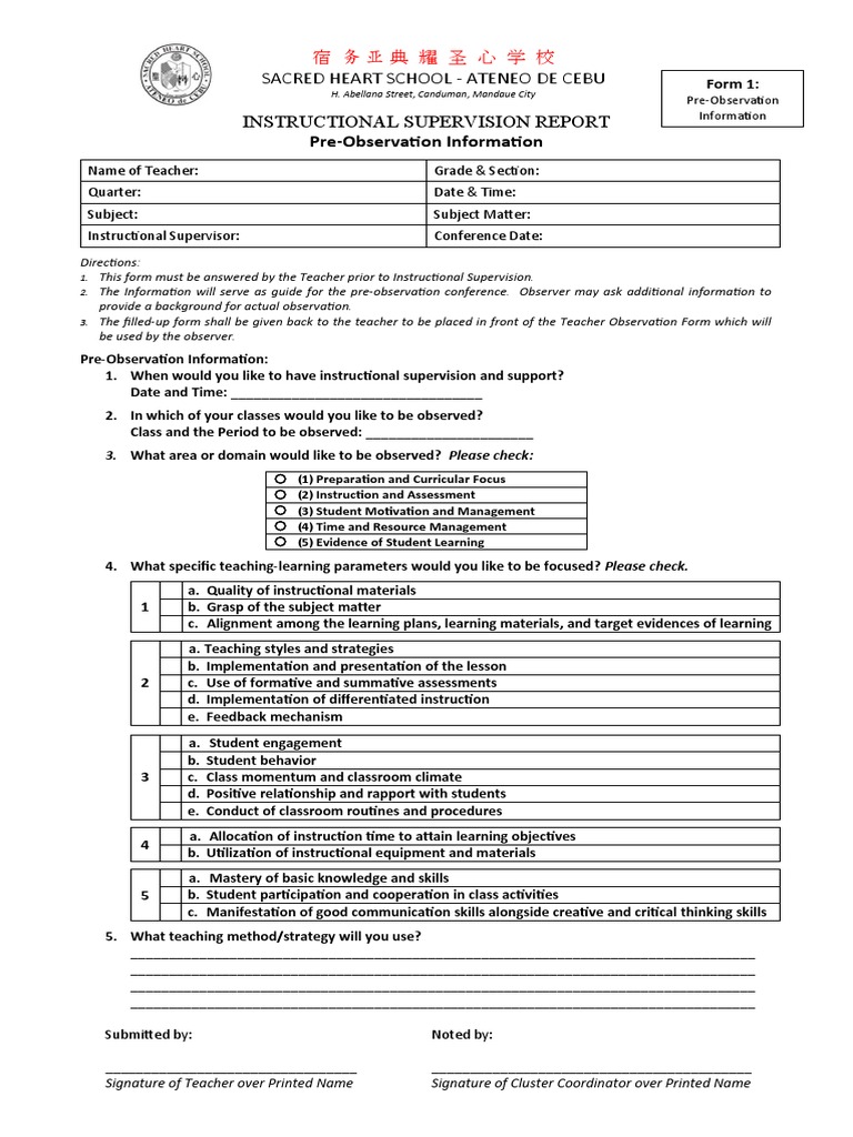 Form 1 Pre Observation Information | PDF | Teachers | Teaching Method
