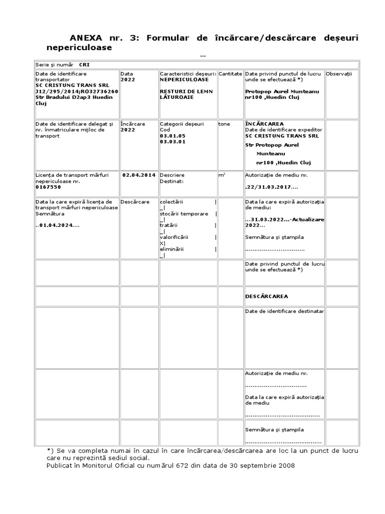 Anexa 3 - Formular de Încărcare-Descărcare Deşeuri Nepericuloase | PDF