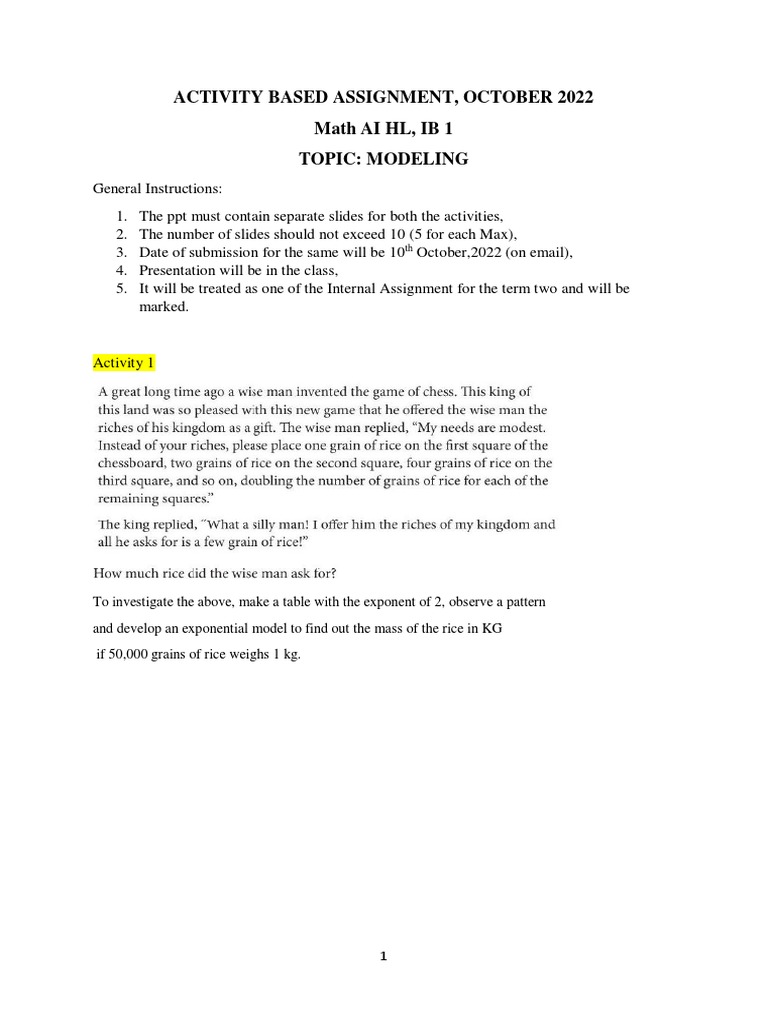 Modeling Activity IB1 Math AIHL PDF | PDF