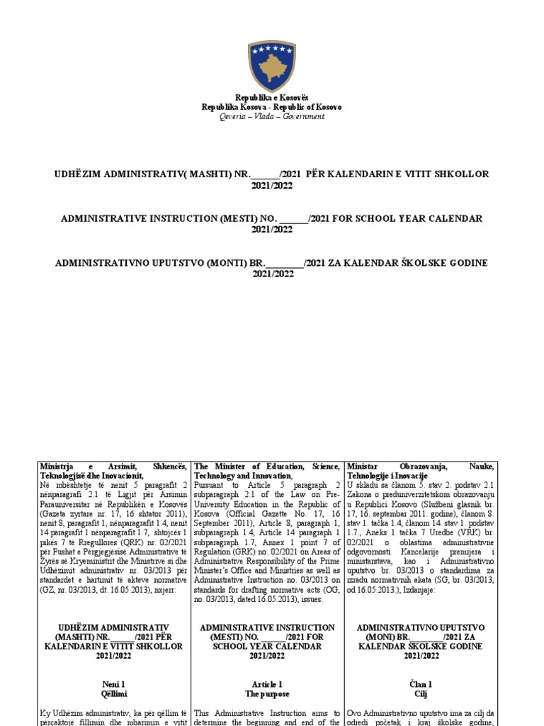 Draft1 - Ua - Kalendari I Vitit Shkollor 2021 2022. | PDF