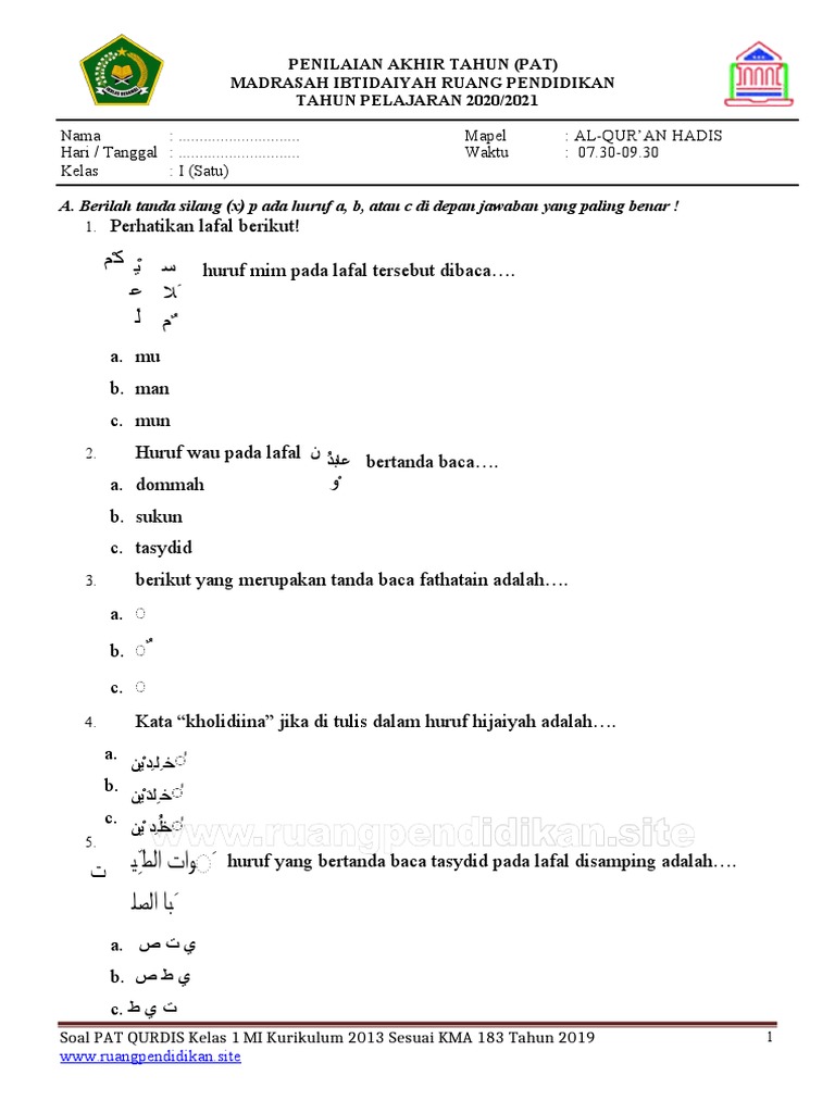 Soal PAT Al-Quran Hadis Kelas 1 - WWW - Ruangpendidikan.site-Dikonversi | PDF