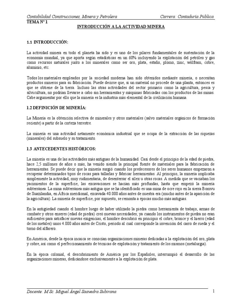 Tema #1 - INTRODUCCIÓN A LA ACTIVIDAD MINERA | PDF