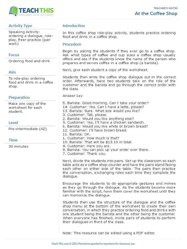 At the Coffee Shop | PDF | Drink | Coffee