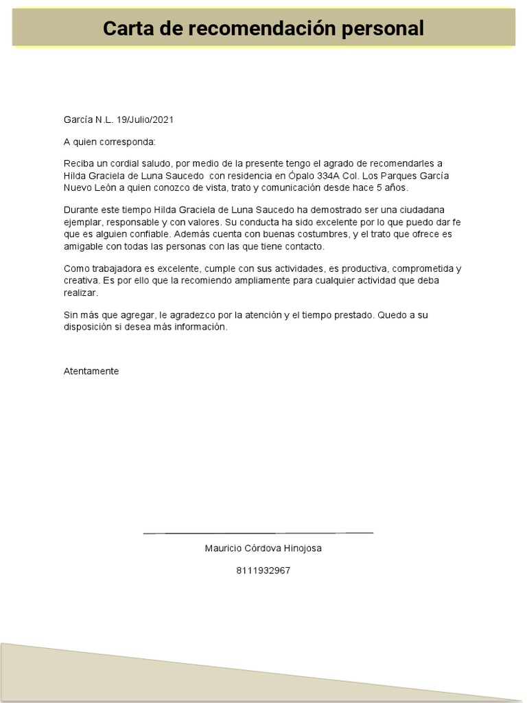 Modelo De Carta De Recomendación Personal Pdf