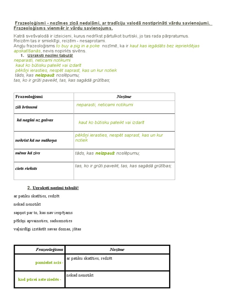 Frazeoloģismi Atbildes. | PDF