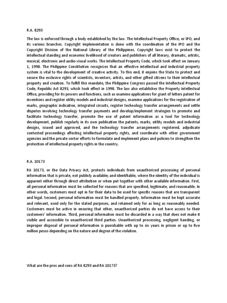 RA 8293 and RA 10173 Summary | PDF | Intellectual Property | Justice