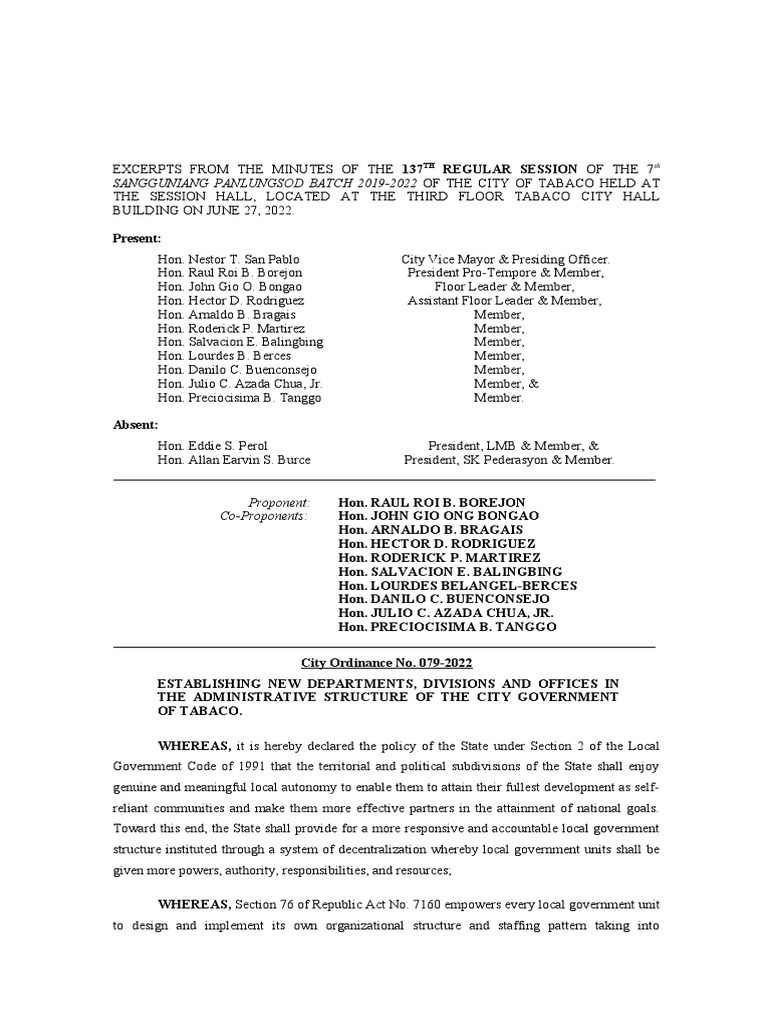 City Ordinance No. 079 2022 Establishing New Departments Division and ...